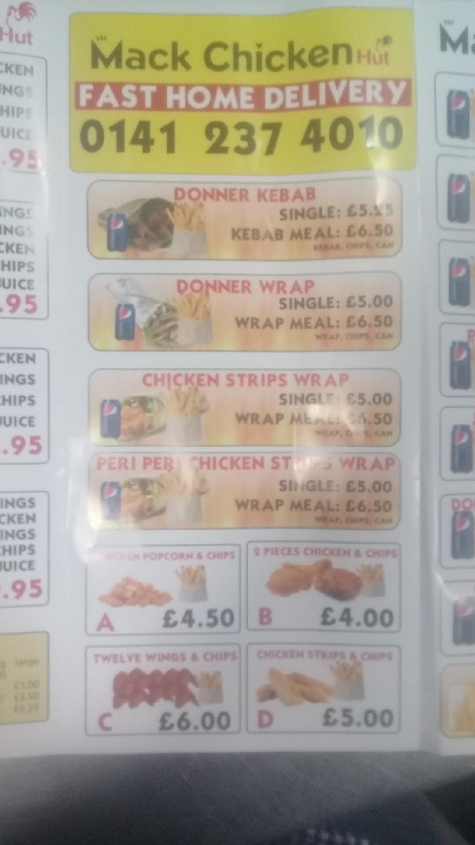 Menu at Mack Chicken Hut restaurant, Glasgow