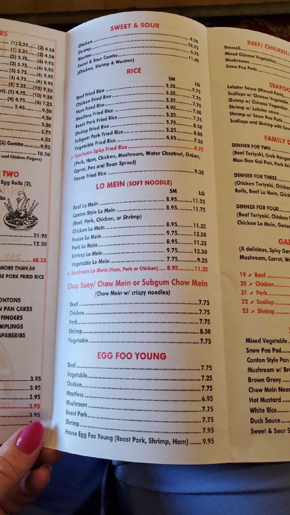 Menu at Pak Lee restaurant, Skowhegan