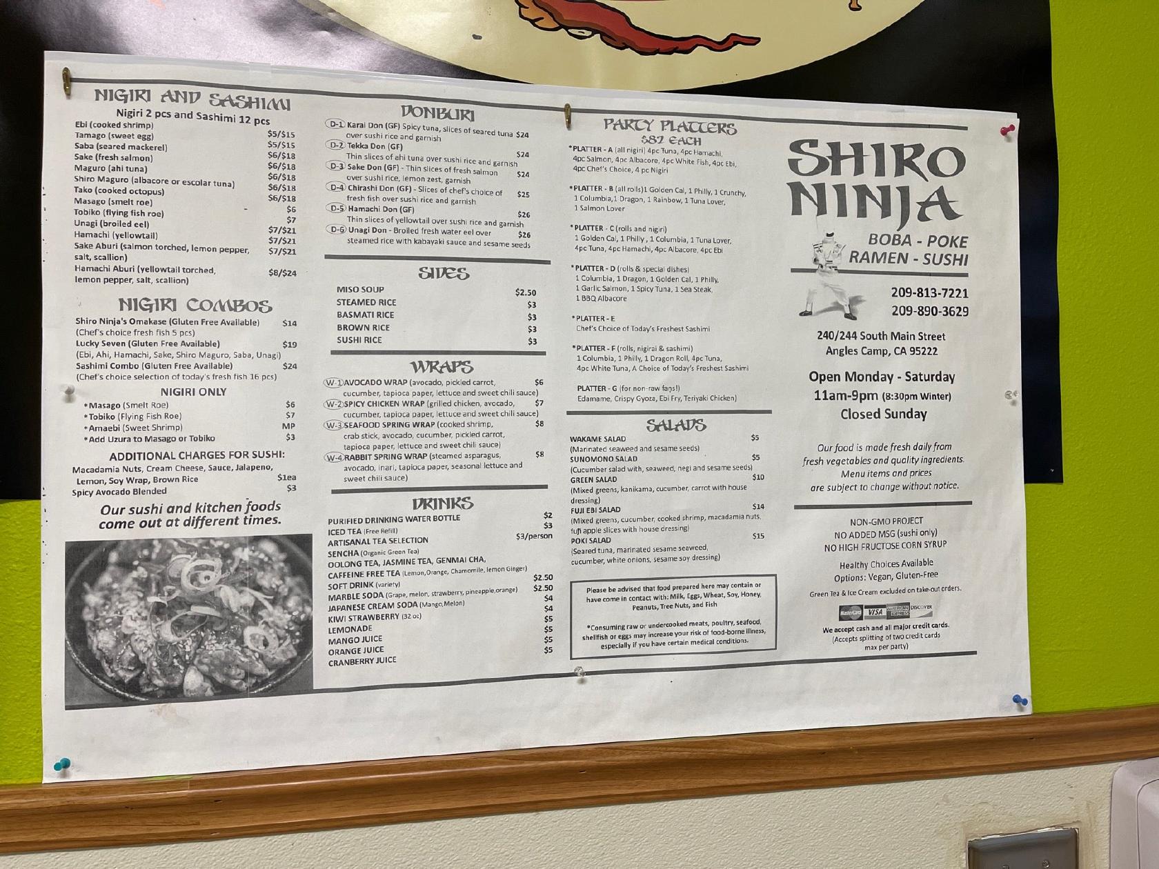 Menu at Shiro Ninja Boba - Poke - Ramen Bar, Angels Camp