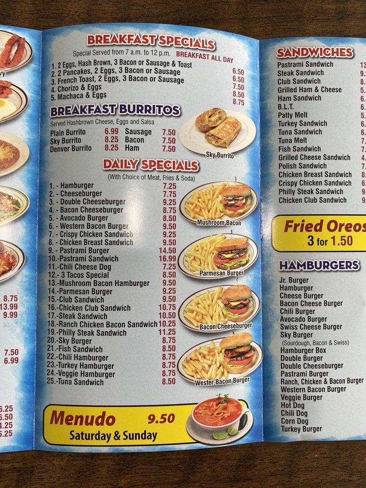Menu at Sky Burgers restaurant, Paramount