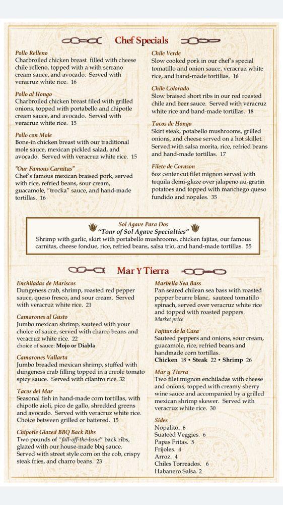 Menu at Sol Agave restaurant, San Juan Capistrano