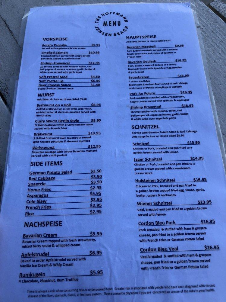 Menu at The Hoffmann restaurant, Jensen Beach