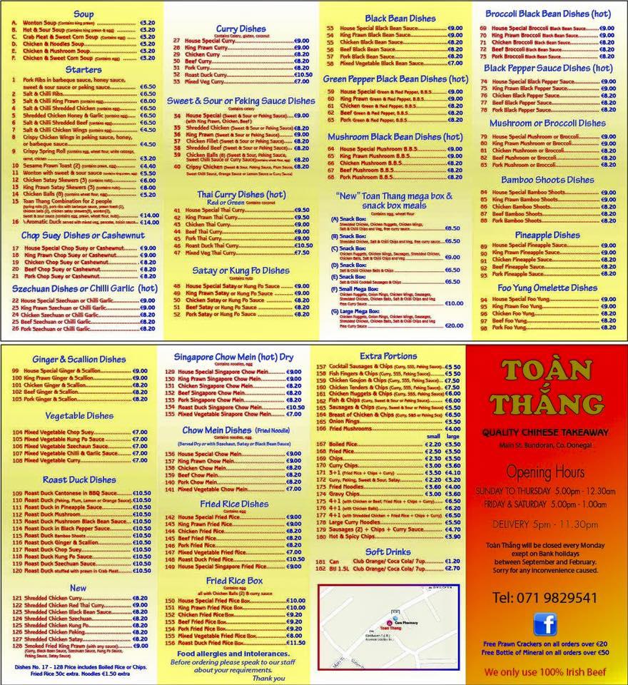 Menu at Toan Thang Chinese Takeaway restaurant, Bundoran