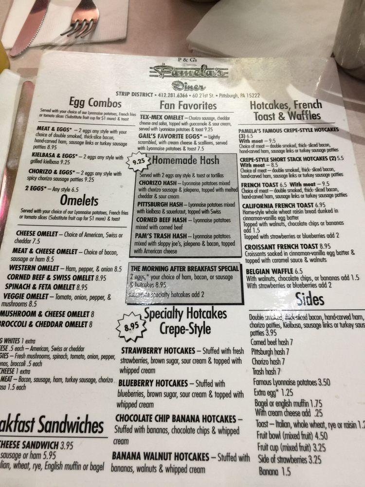 Menu at Pamela's Diner restaurant, Pittsburgh, 60 21st St