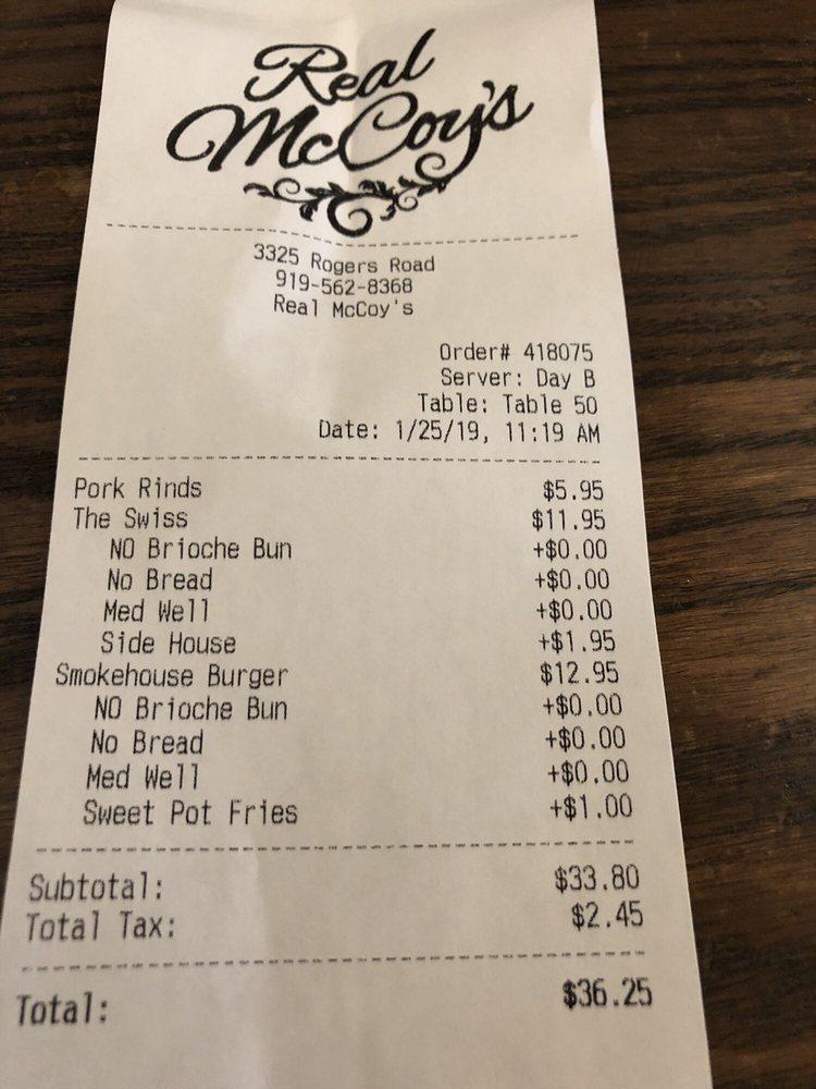 Menu at Real McCoy's restaurant, Wake Forest