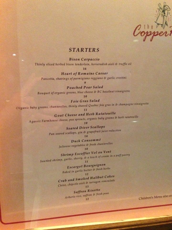 Menu at The Copper Room restaurant, Harrison Hot Springs