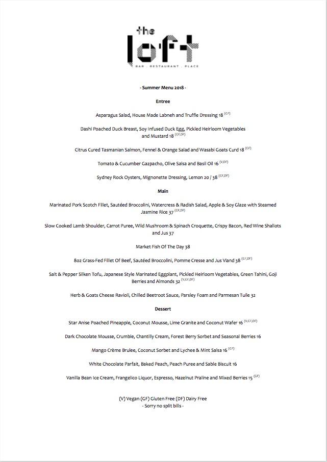 Menu at The Loft Restaurant, Lismore