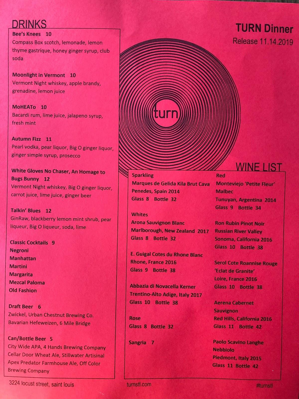 Menu at Turn restaurant, St. Louis
