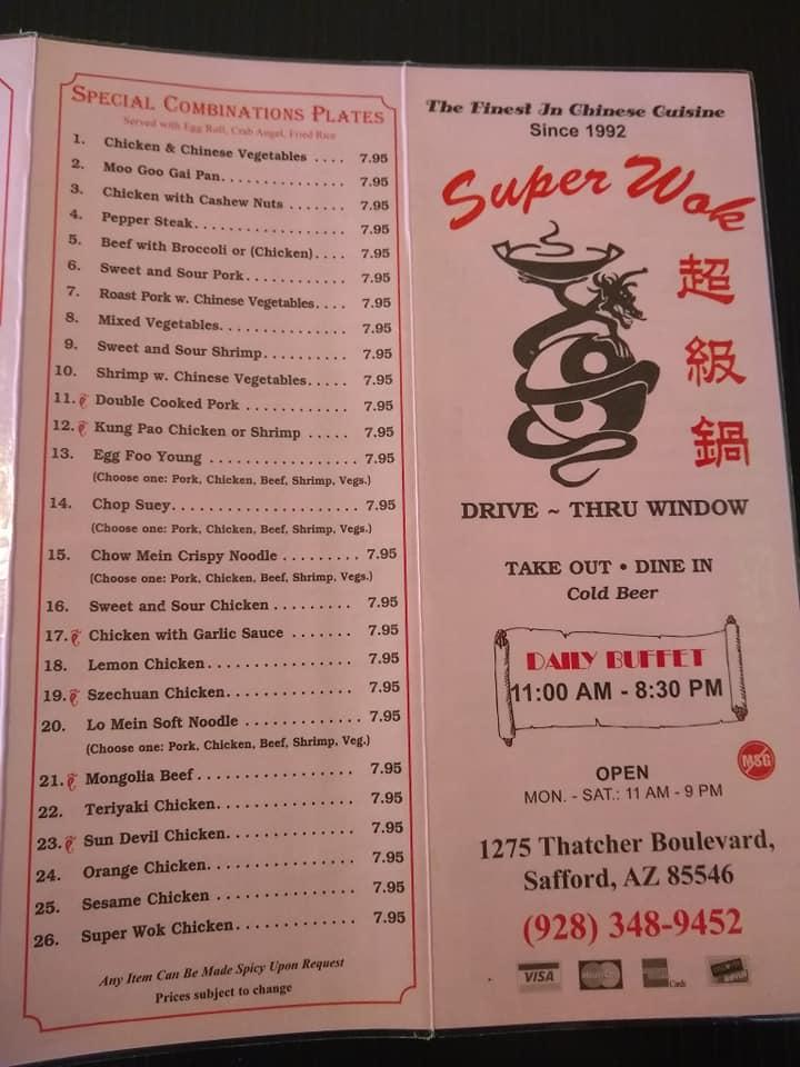 Menu at Super Wok restaurant, Safford
