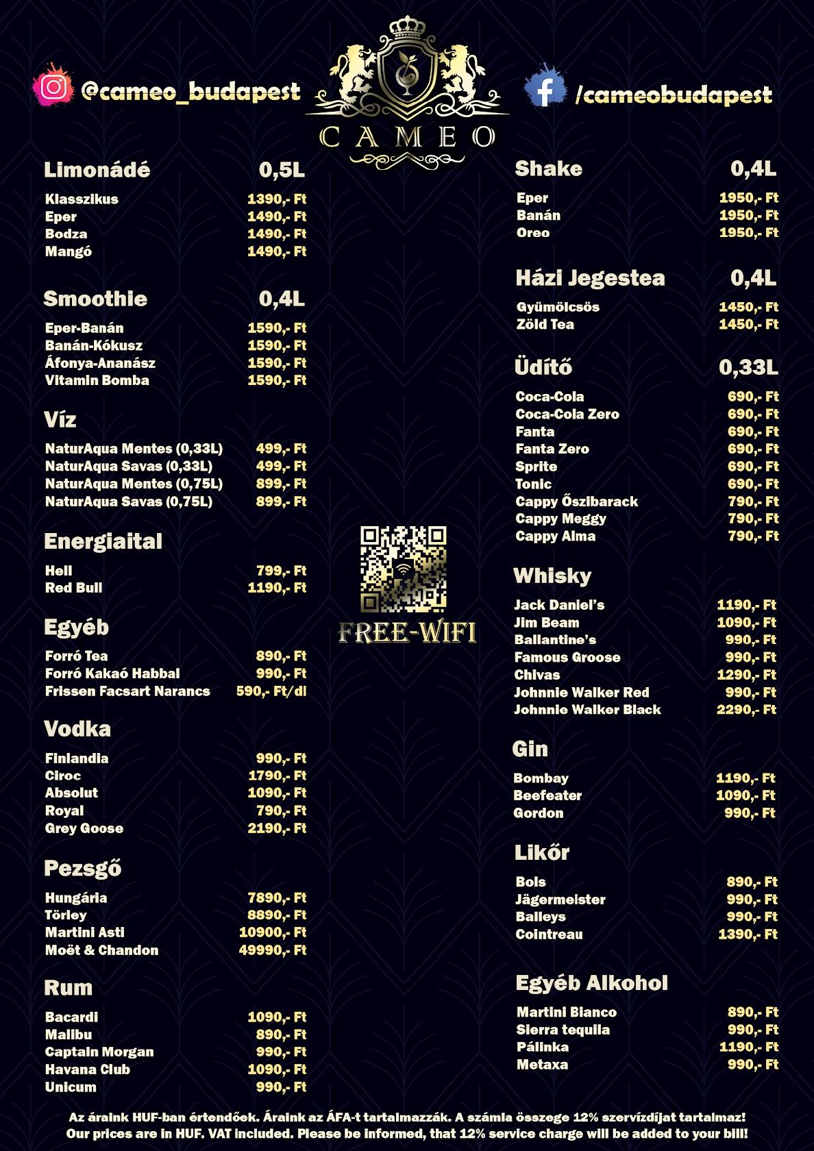 Menu at Cameo Cafe & Bar, Budapest