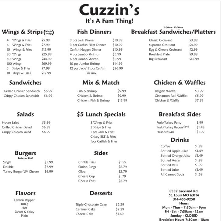 Menu at Cuzzin’s Kitchen & Snacks restaurant, Hazelwood