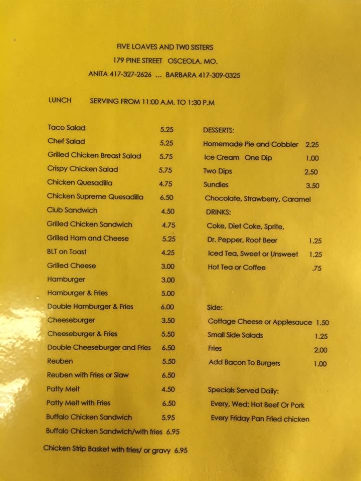 Menu at Five Loaves And Two Sisters restaurant, Osceola