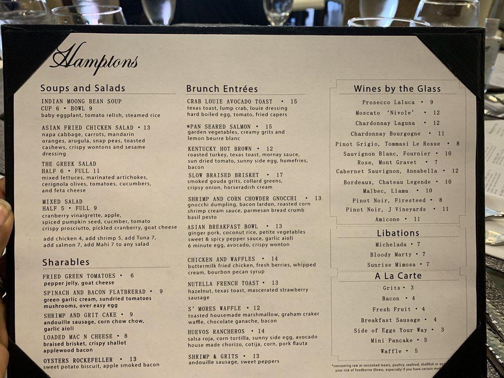 Menu at Hamptons restaurant, Sumter