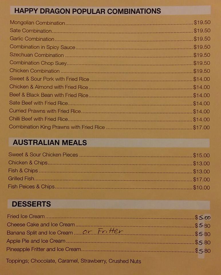Menu at Happy Dragon Restaurant, Griffith