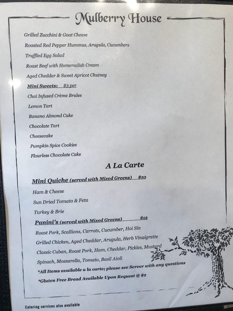 Menu at Mulberry House cafe, Westfield