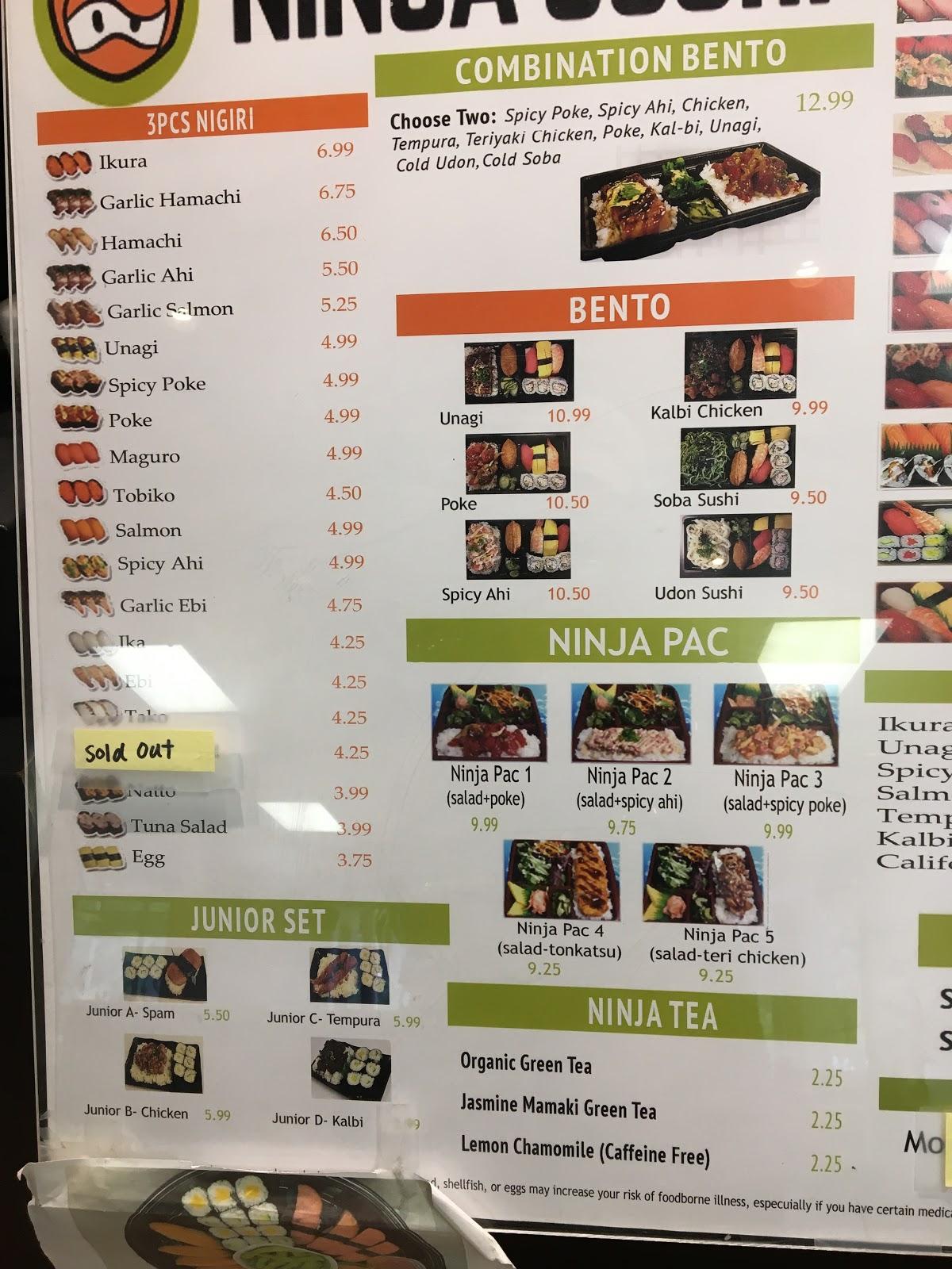 Menu at Ninja Sushi Koʻolau restaurant, Kaneohe, 47-388 Hui Iwa St # 17