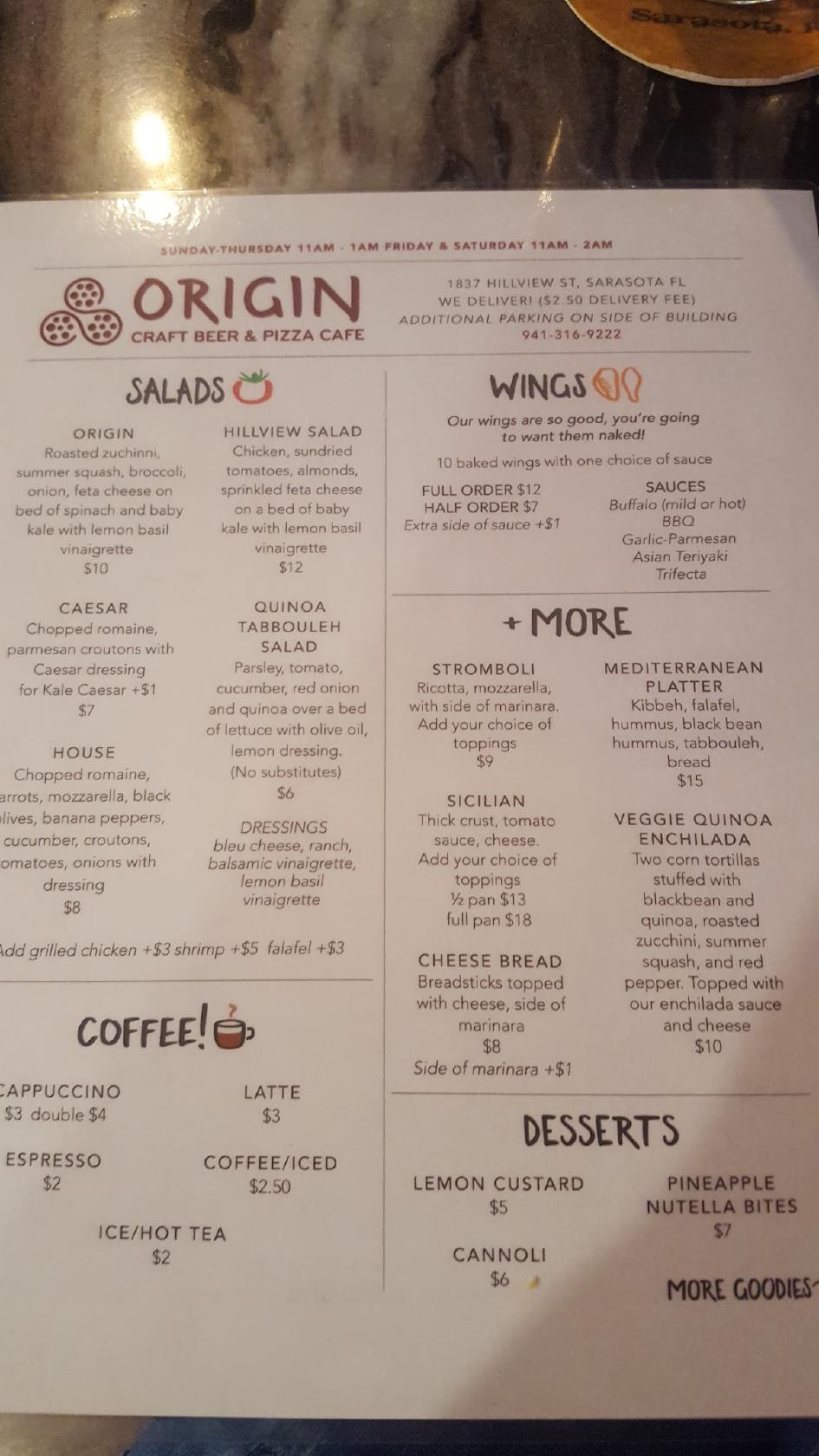Menu at Origin Craft Beer & Pizza Cafe, Sarasota, Hillview St