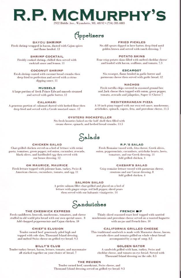 Menu at R.P. McMurphy's pub & bar, Wyandotte, Biddle Ave