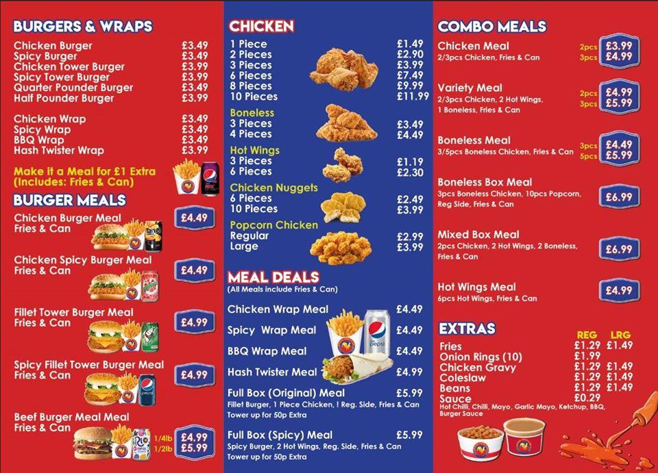 Menu at Red & Blue Fried Chicken fast food, Bootle