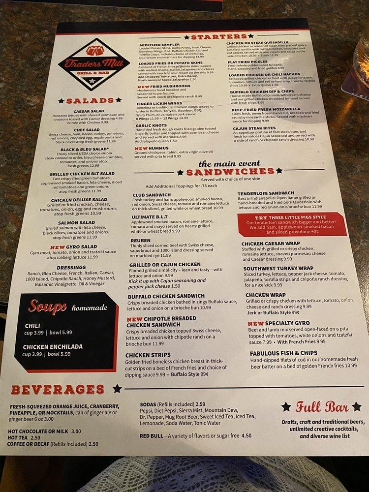 Menu at Trader's Mill Grill & Bar, Indianapolis, W 86th St