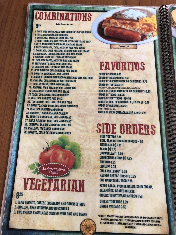 Menu at Azteca Grill restaurant, Lake Wylie