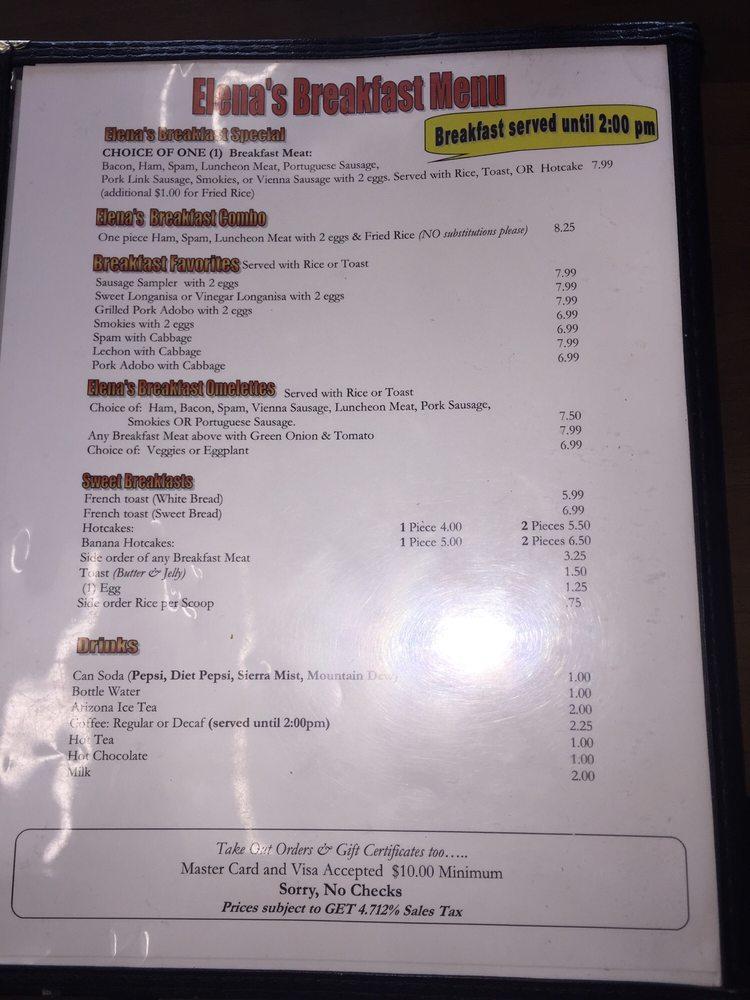Menu at Elena's Restaurant, Waipahu, Tropicana Square Shopping Center