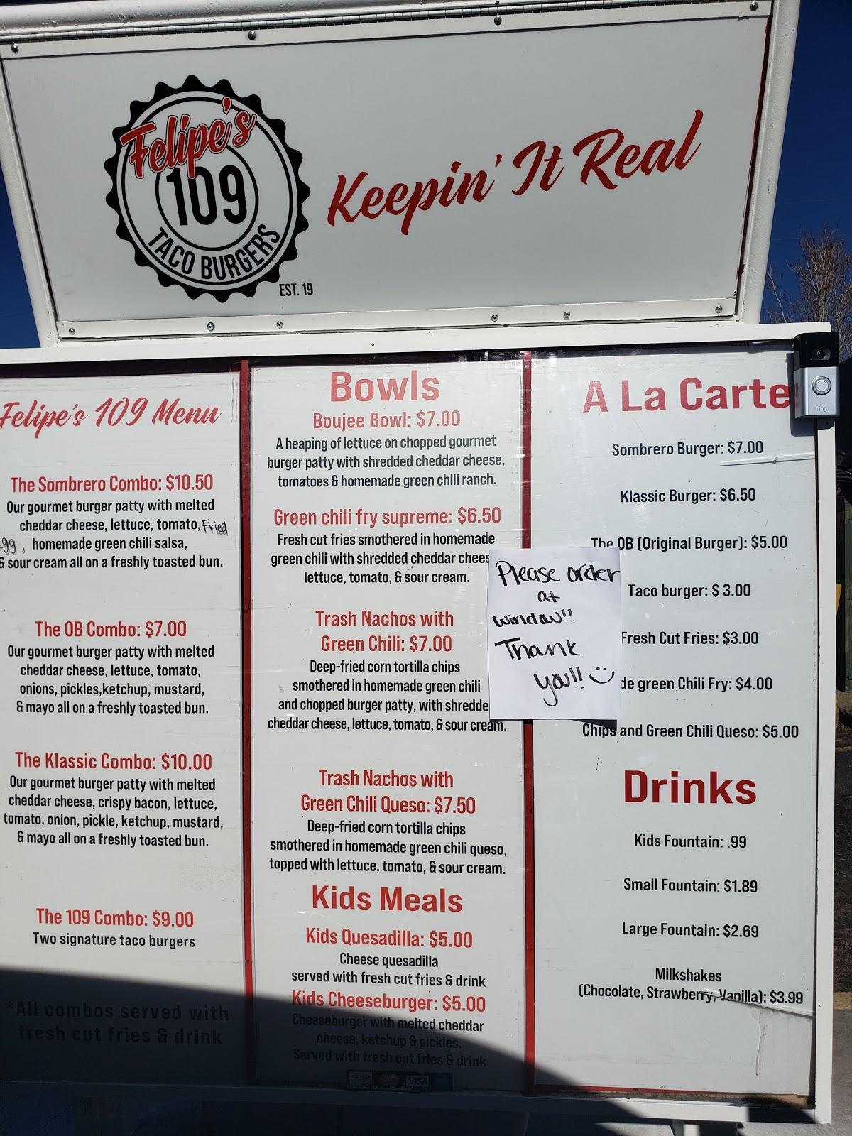 Menu at Felipe's 109 restaurant, Colorado Springs
