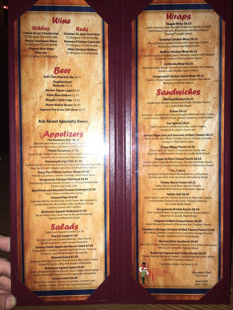Menu at Friendly Fox cafe, Fort Wayne