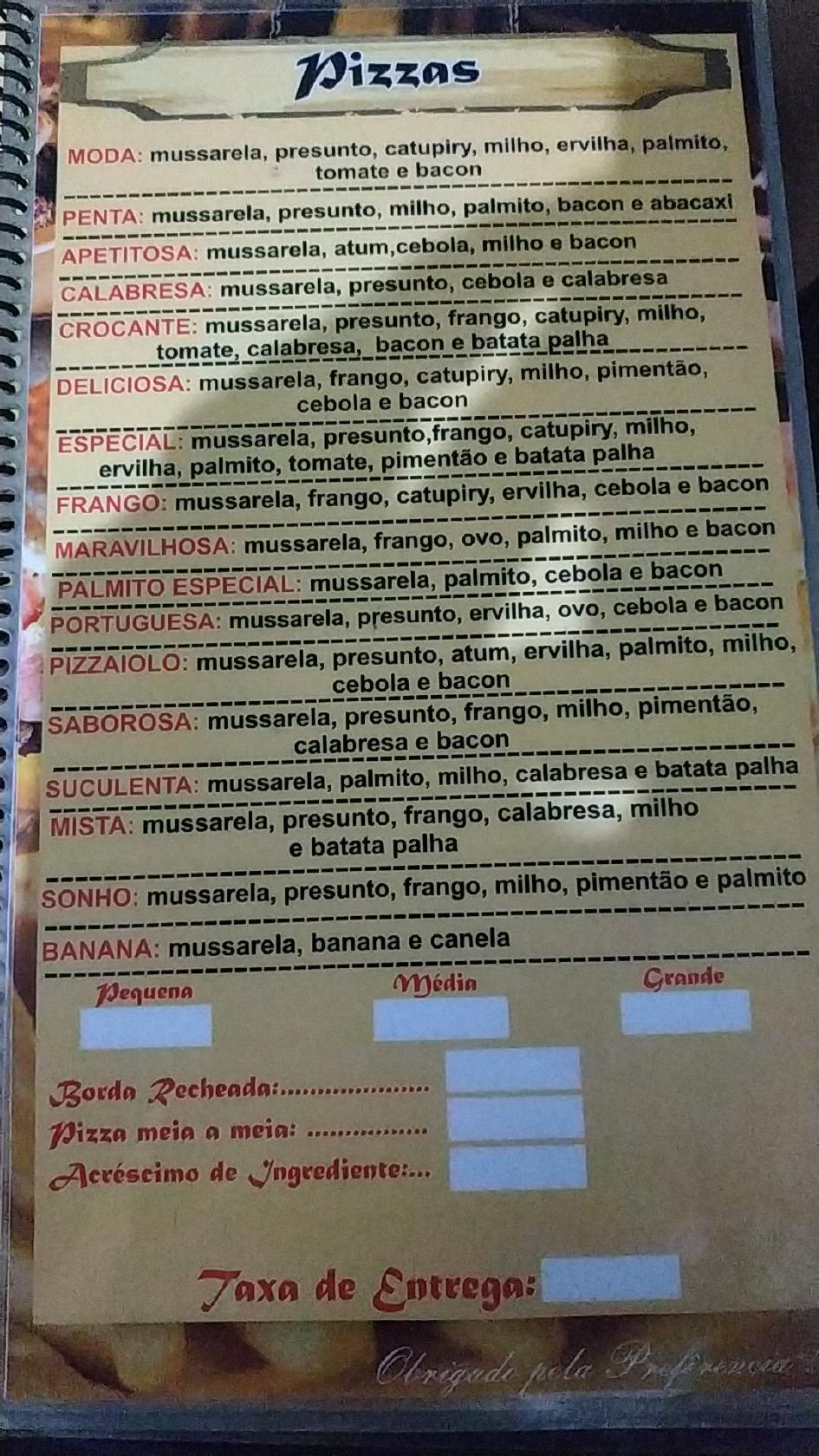 Menu at Pizzaria Tia Luzia, Patrocínio