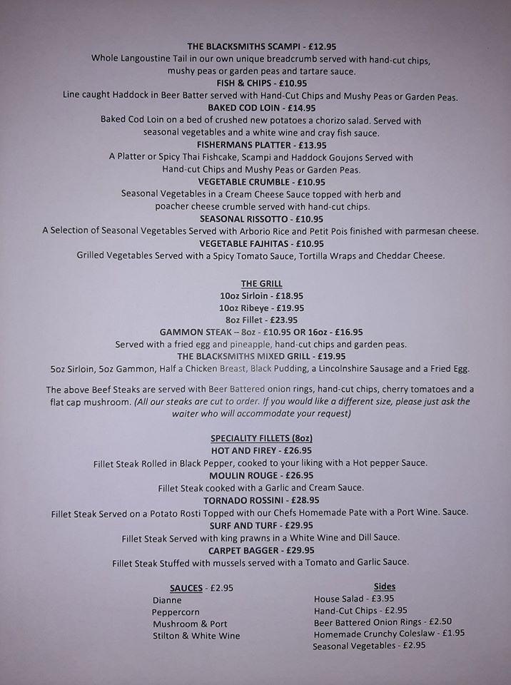 Menu at Blacksmith's Arms, Skendleby pub & bar, Spilsby, Main Road
