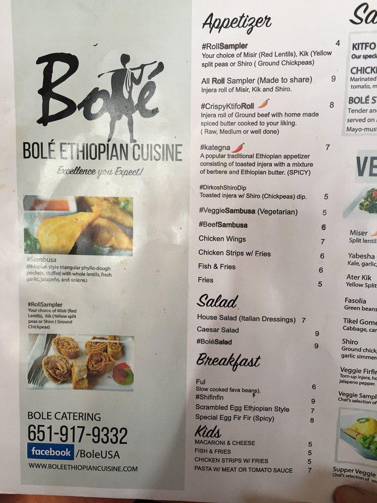 Menu at Bole Ethiopian Cuisine restaurant, Falcon Heights, Pascal St