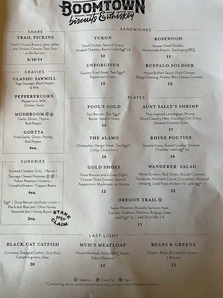 Menu at Boomtown Biscuits & Whiskey pub & bar, Union