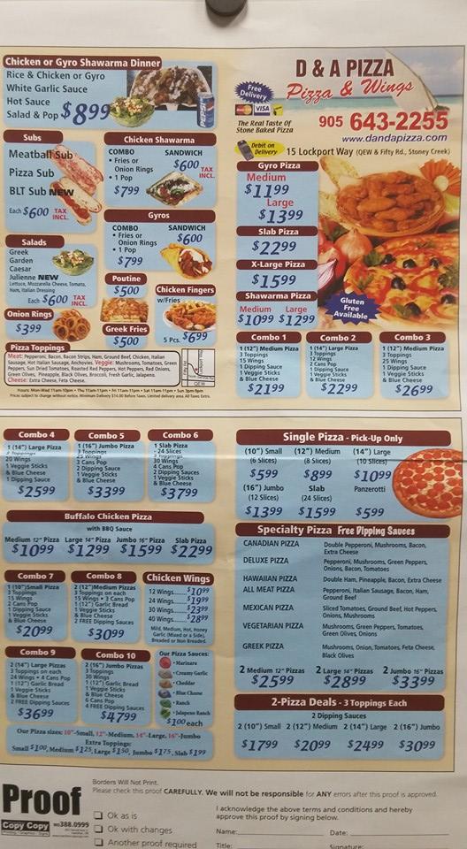 Menu at D & A Pizza restaurant, Hamilton