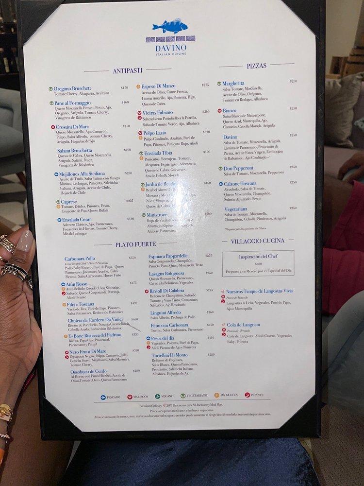 Menu at Davino Italian Restaurant, Cancún