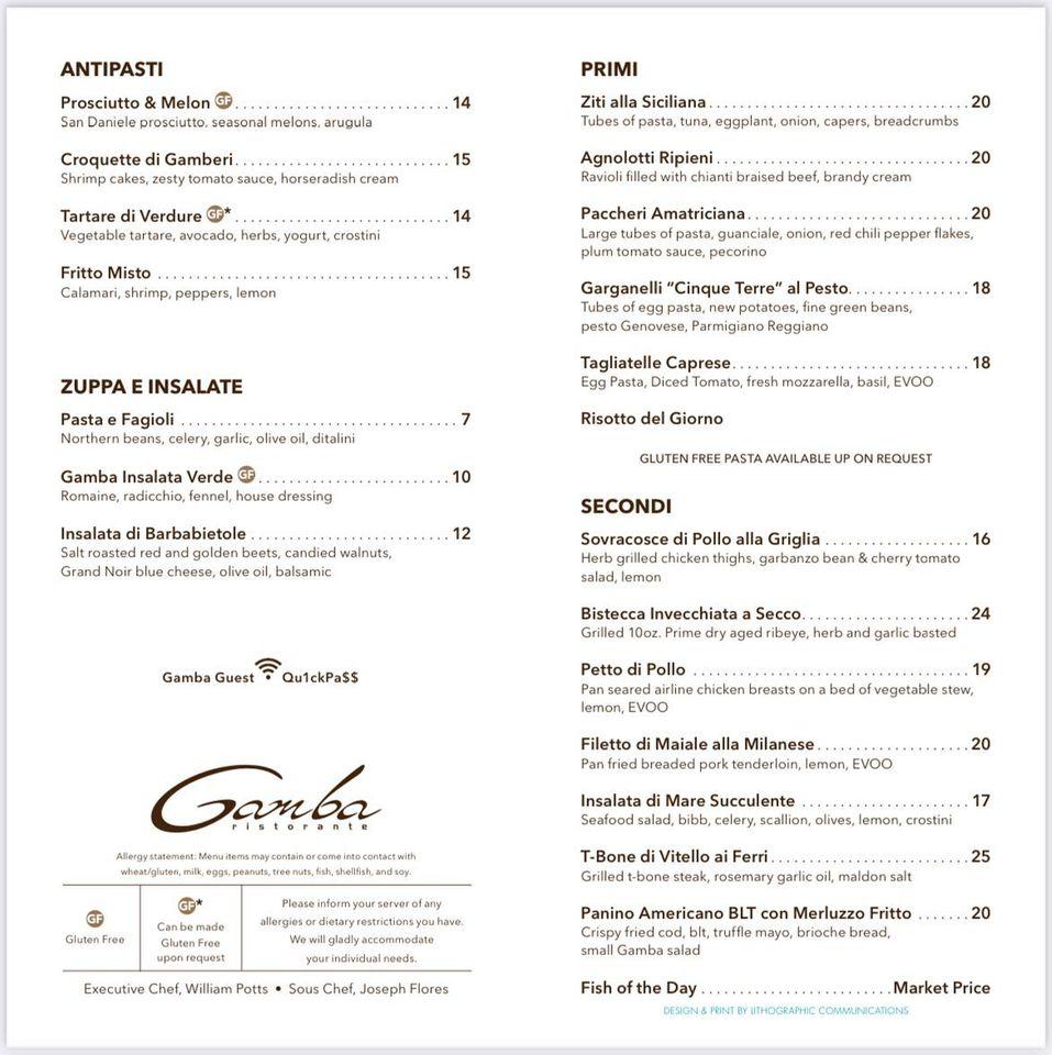 Menu at Gamba Ristorante steakhouse, Merrillville