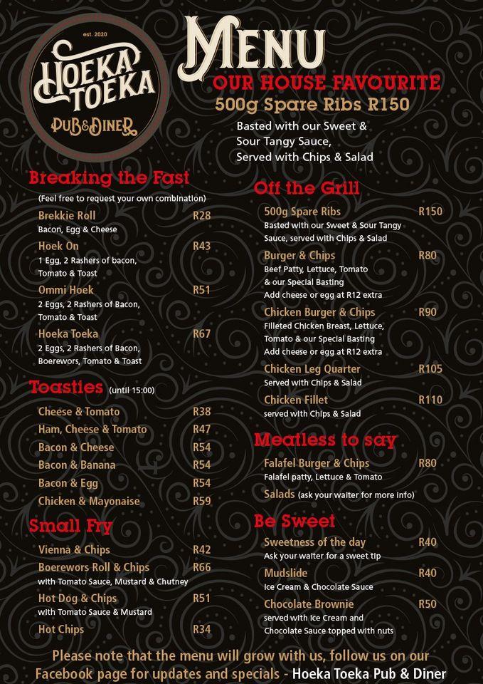 Carta de Hoeka Toeka Pub & Diner, Wilderness