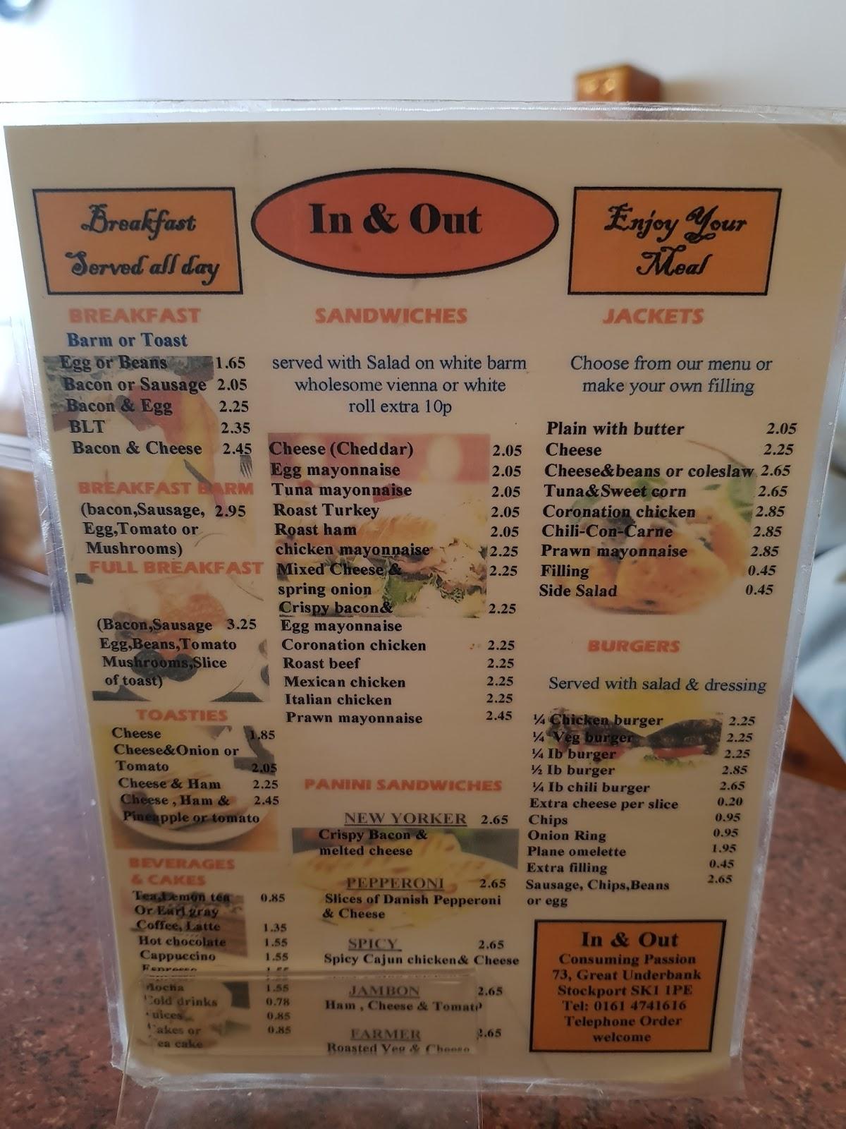 Menu at In & Out cafe, Stockport