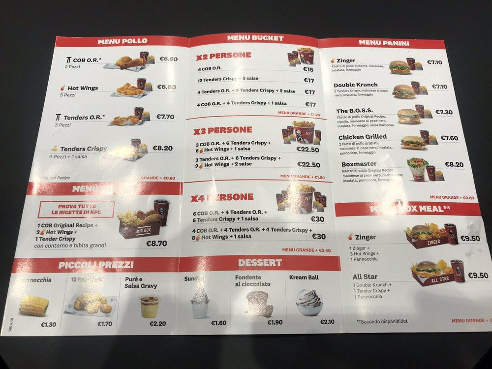 Menu da KFC fast food, Venezia, Stazione di Venezia Santa Lucia