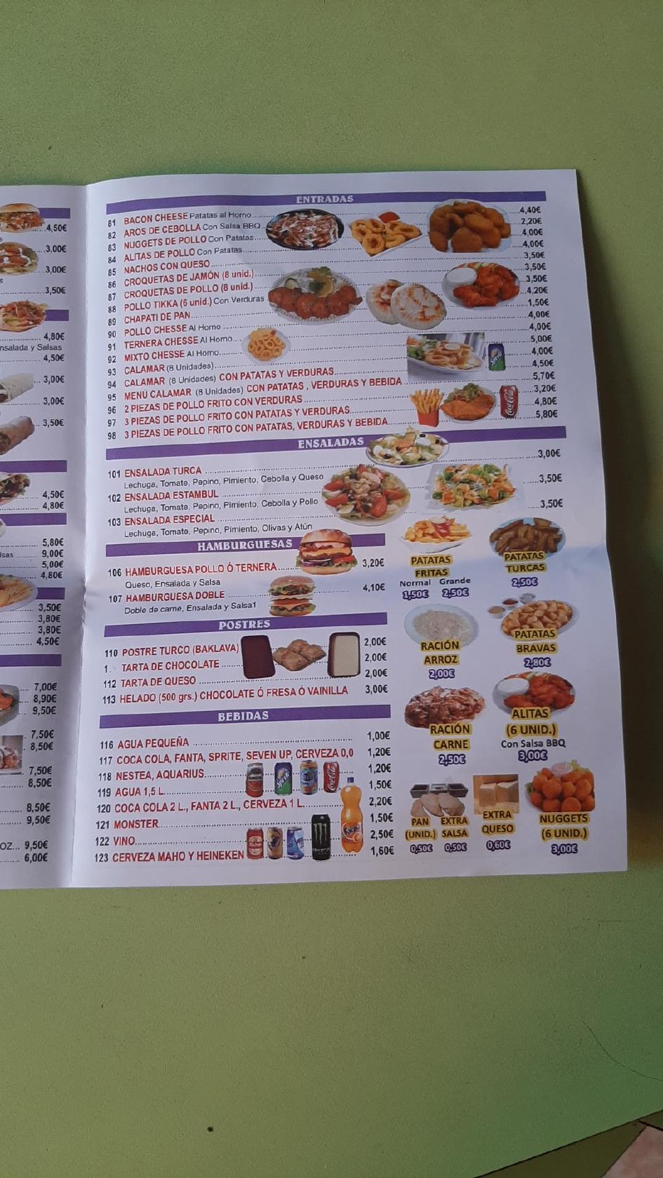 Carta del restaurante Kebab Corner, San Vicente del Raspeig