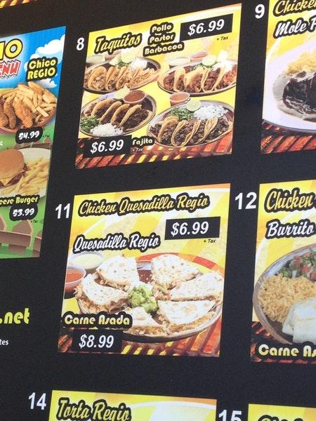 Menu at Pollo Regio restaurant, McKinney