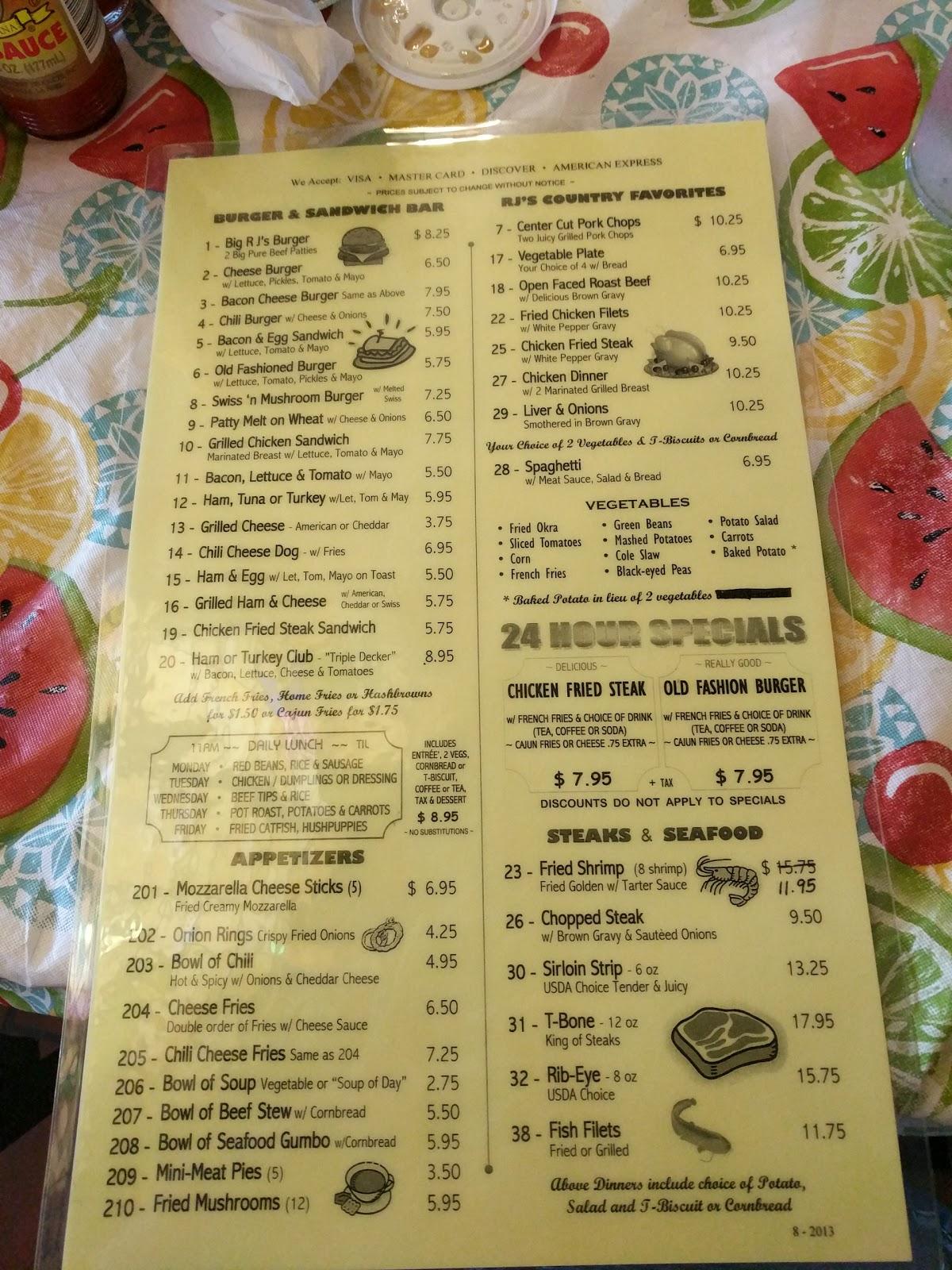 Menu at RJ's restaurant, Shreveport