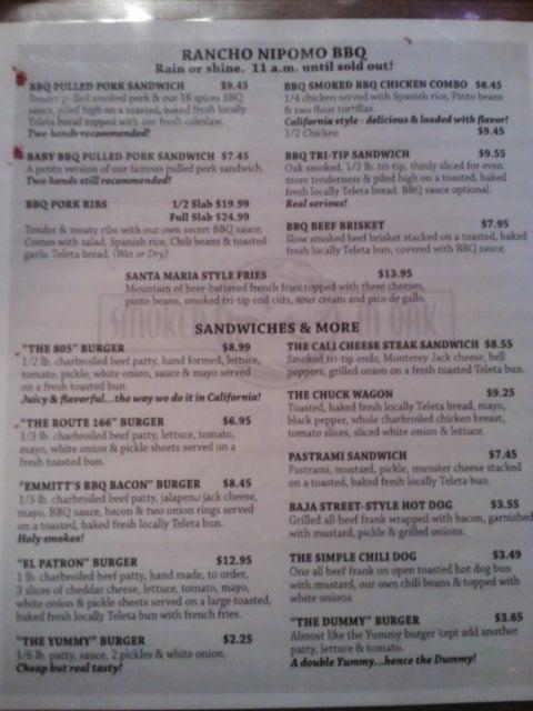 Menu at Rancho Nipomo BBQ, Nipomo