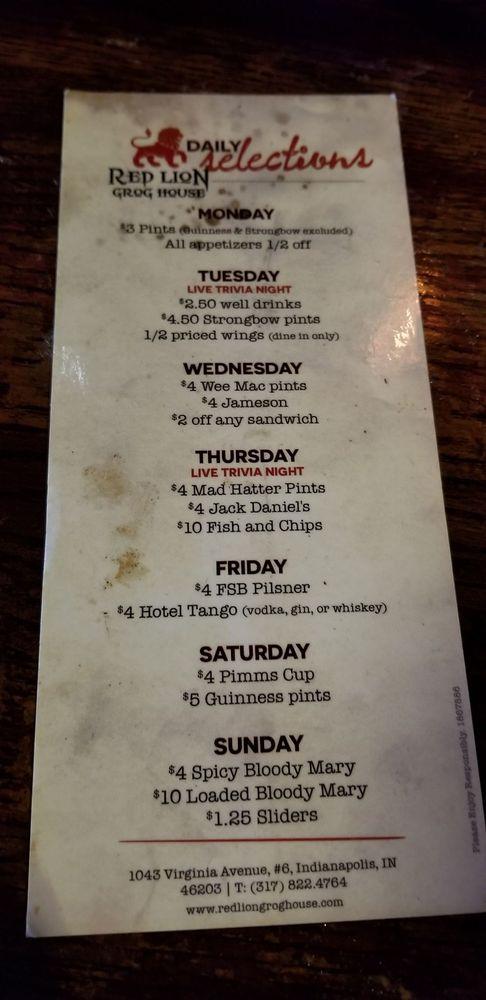 Menu at Red Lion Grog House pub & bar, Indianapolis