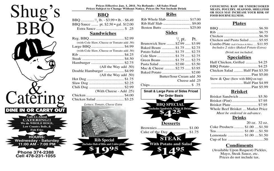 Menu at Shug's BBQ & Catering, Eastman