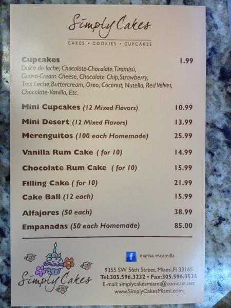 Menu at Simply Cakes restaurant, Miami