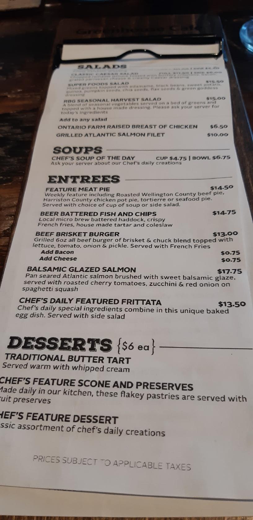 Menu at The Greenhouse Café, Burlington