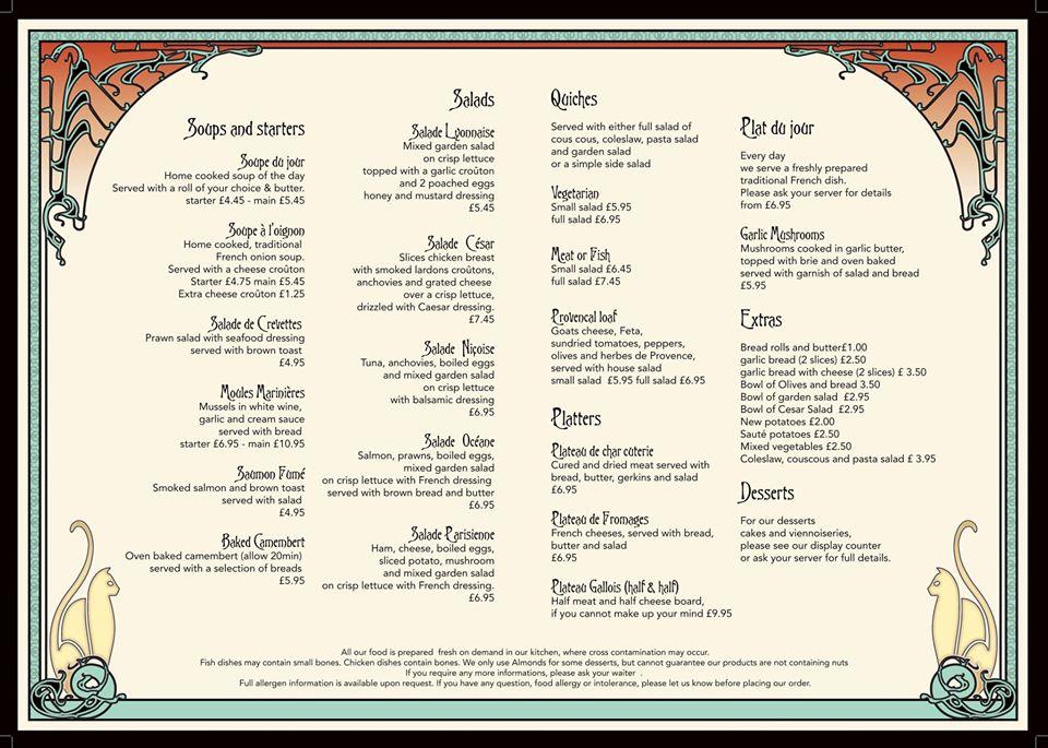 Menu at Café du Chat Noir cafe, Cardiff