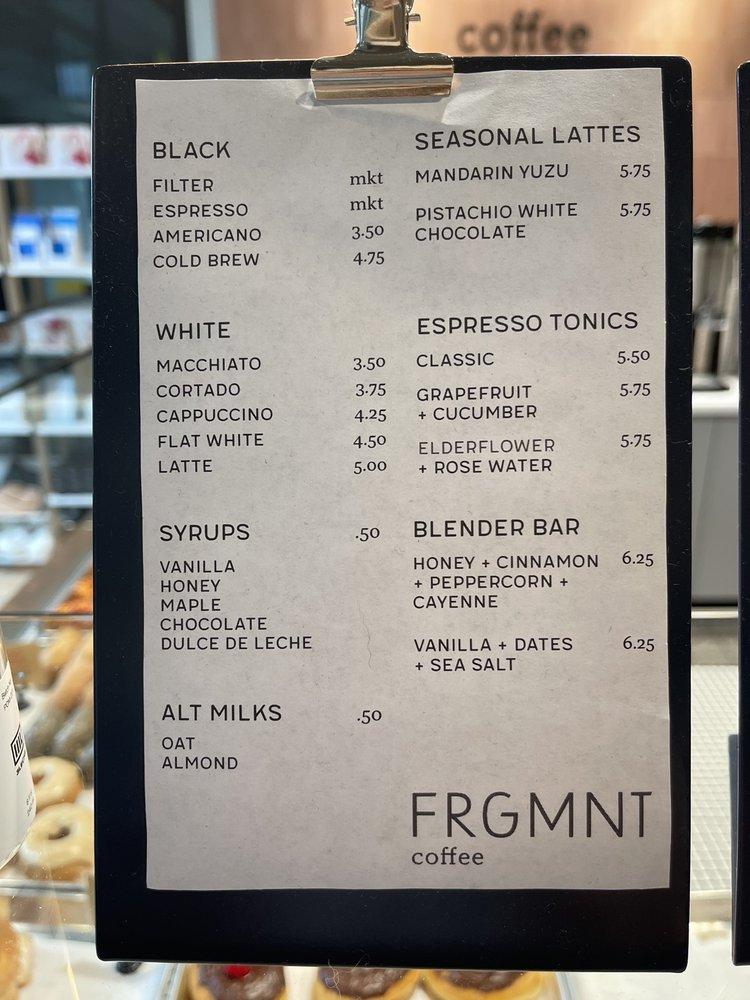 Menu at FRGMNT Coffee - North Loop restaurant, Minneapolis