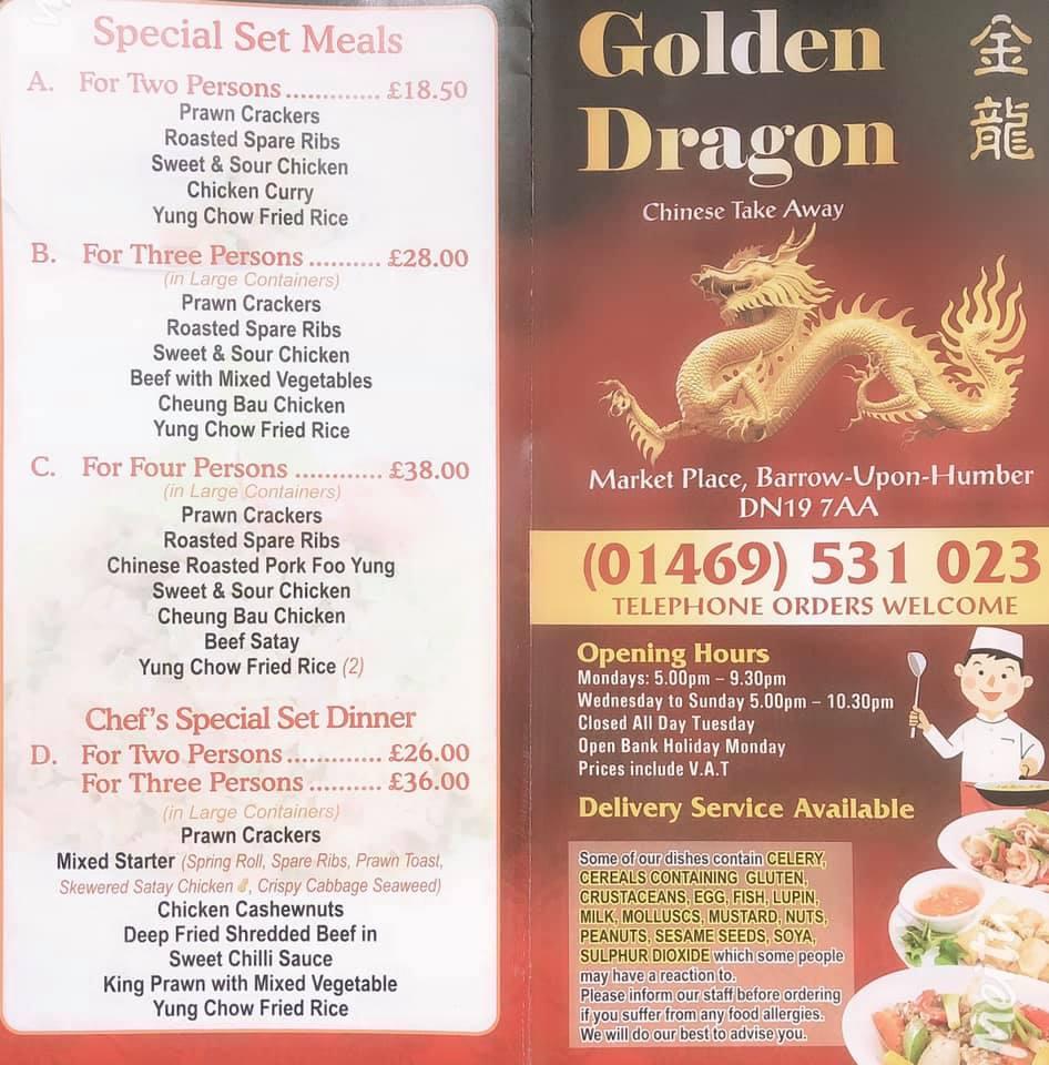 Menu at Golden Dragon fast food, Barrow upon Humber