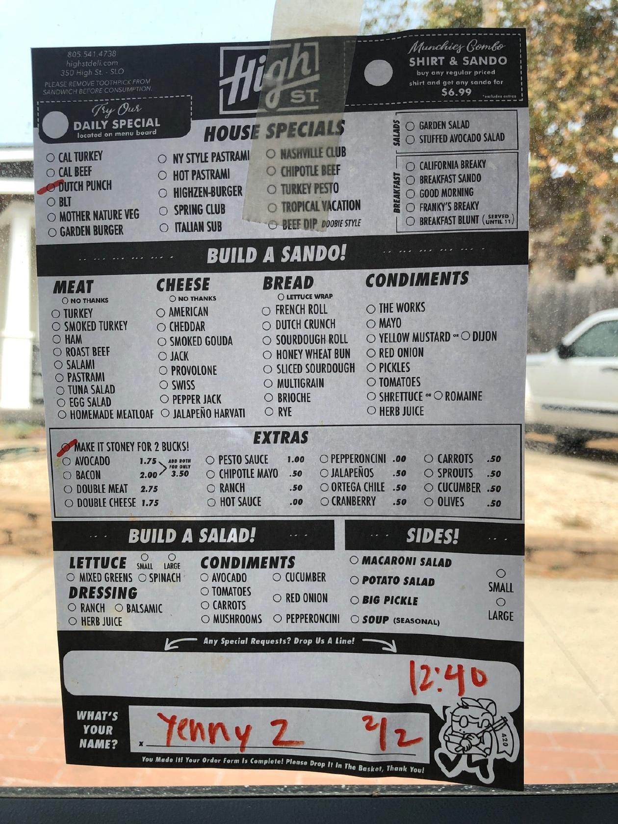 Menu at High Street Market & Deli restaurant, San Luis Obispo